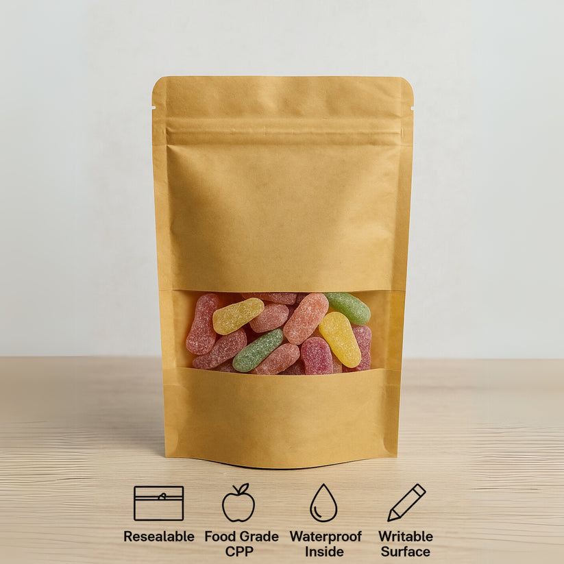Kraft Resealable Paper Pouches with Window – Happy Pack